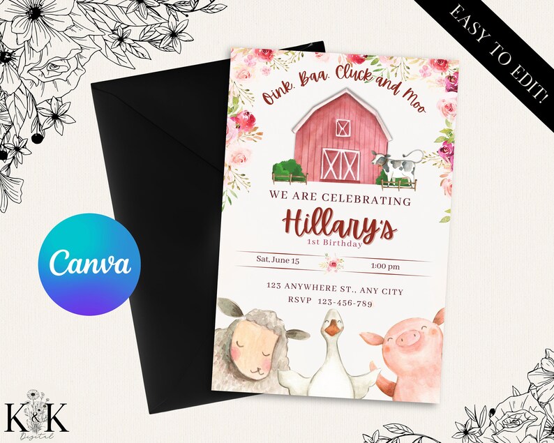 Editable Farm Theme Birthday Invitation - Digital Download - Barnyard ...