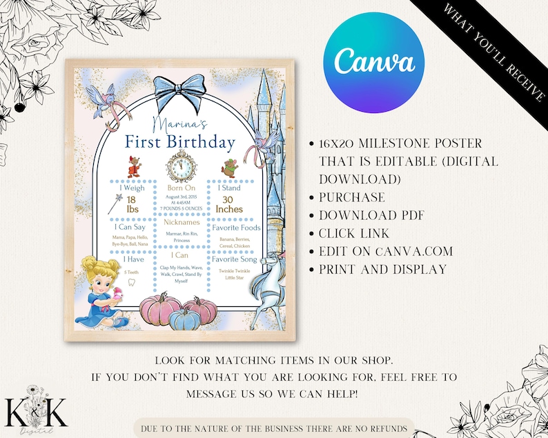 Cinderella Milestone Sign, Milestone Poster, Printable Baby First ...