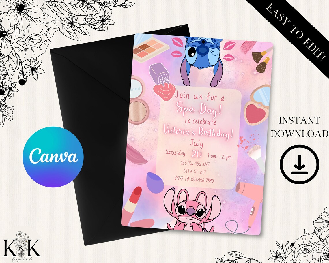 Stich and Angel Spa Party Invitation, Stitch Makeup and Spa Birthday ...