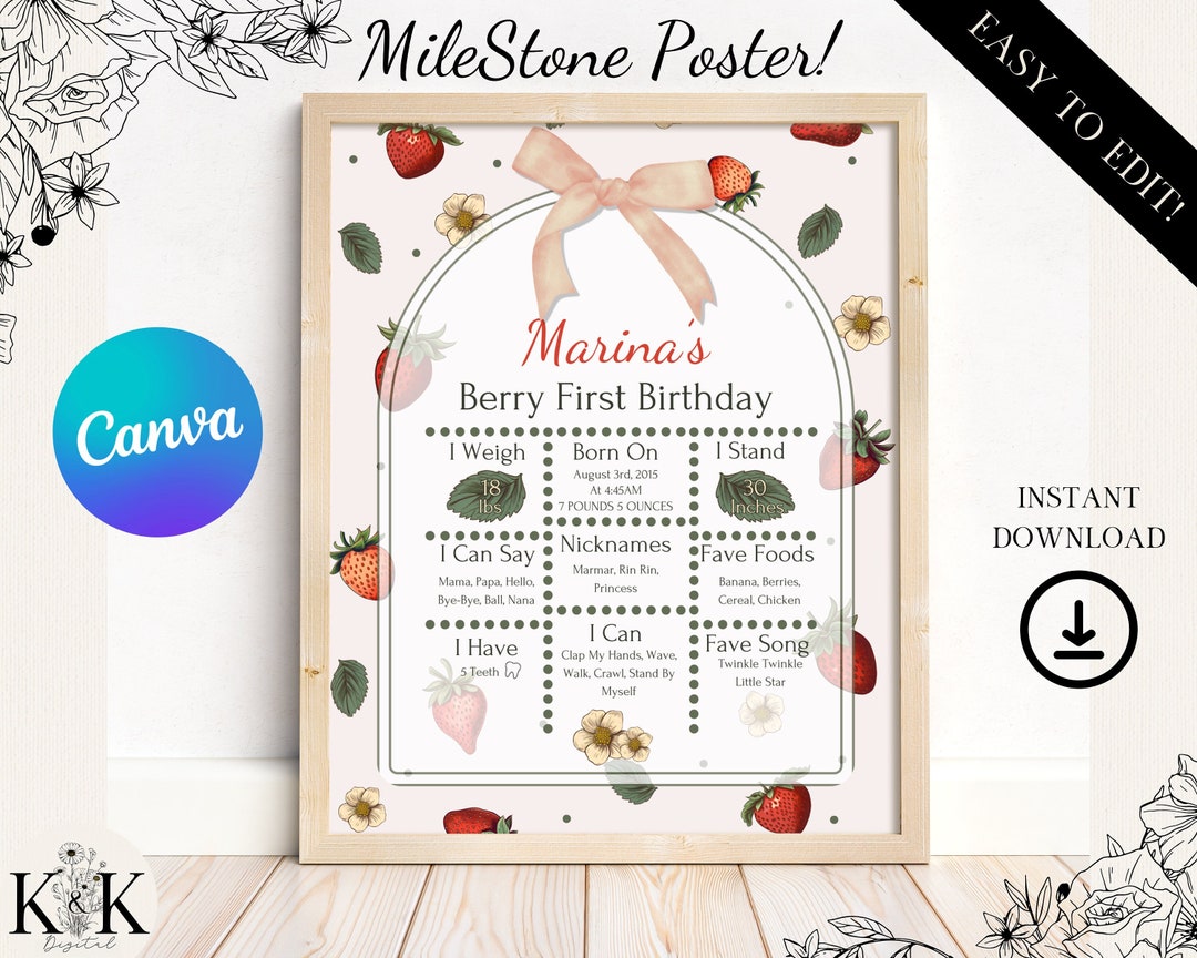 Strawberry Theme | First Year Birthday Milestone Poster | Berry First ...