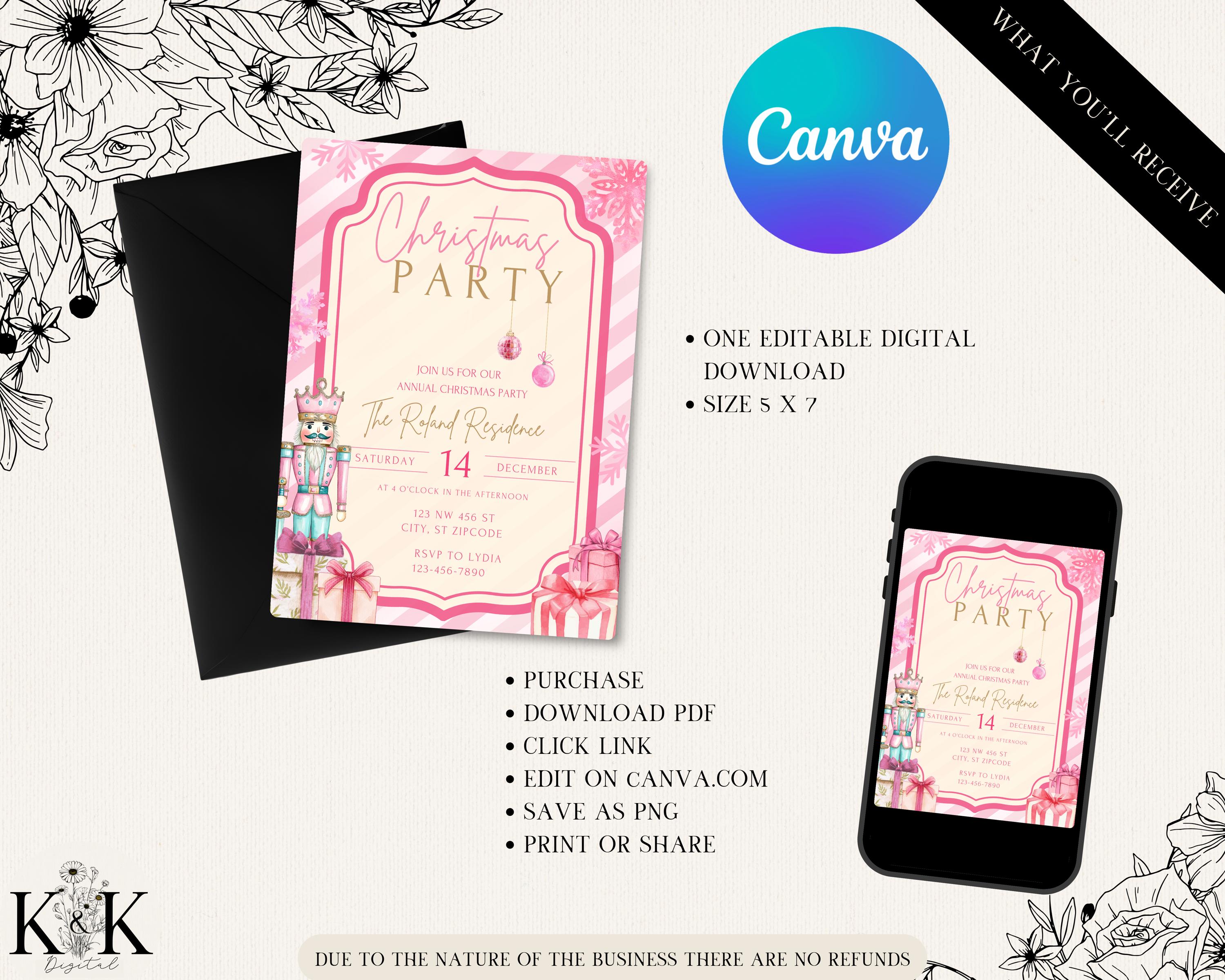 Pink Christmas Party Invitation Template, Nutcracker Party Invite ...