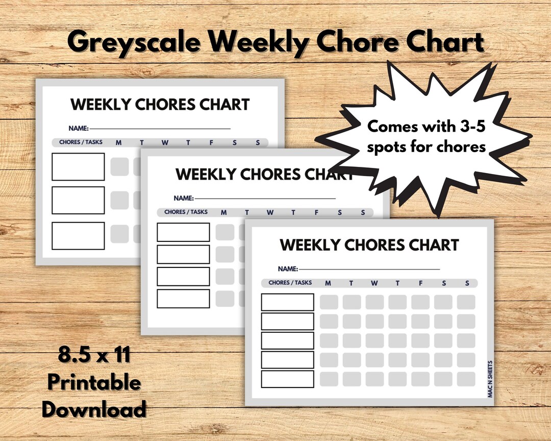 Greyscale Chore Chart for Children, Responsibility Chart, Daily Routine ...