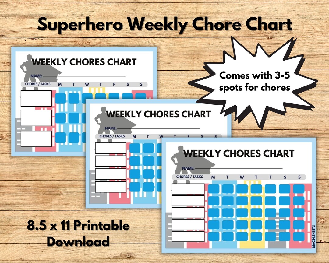Superhero Weekly Chore Chart for Children, Responsibility Chart ...