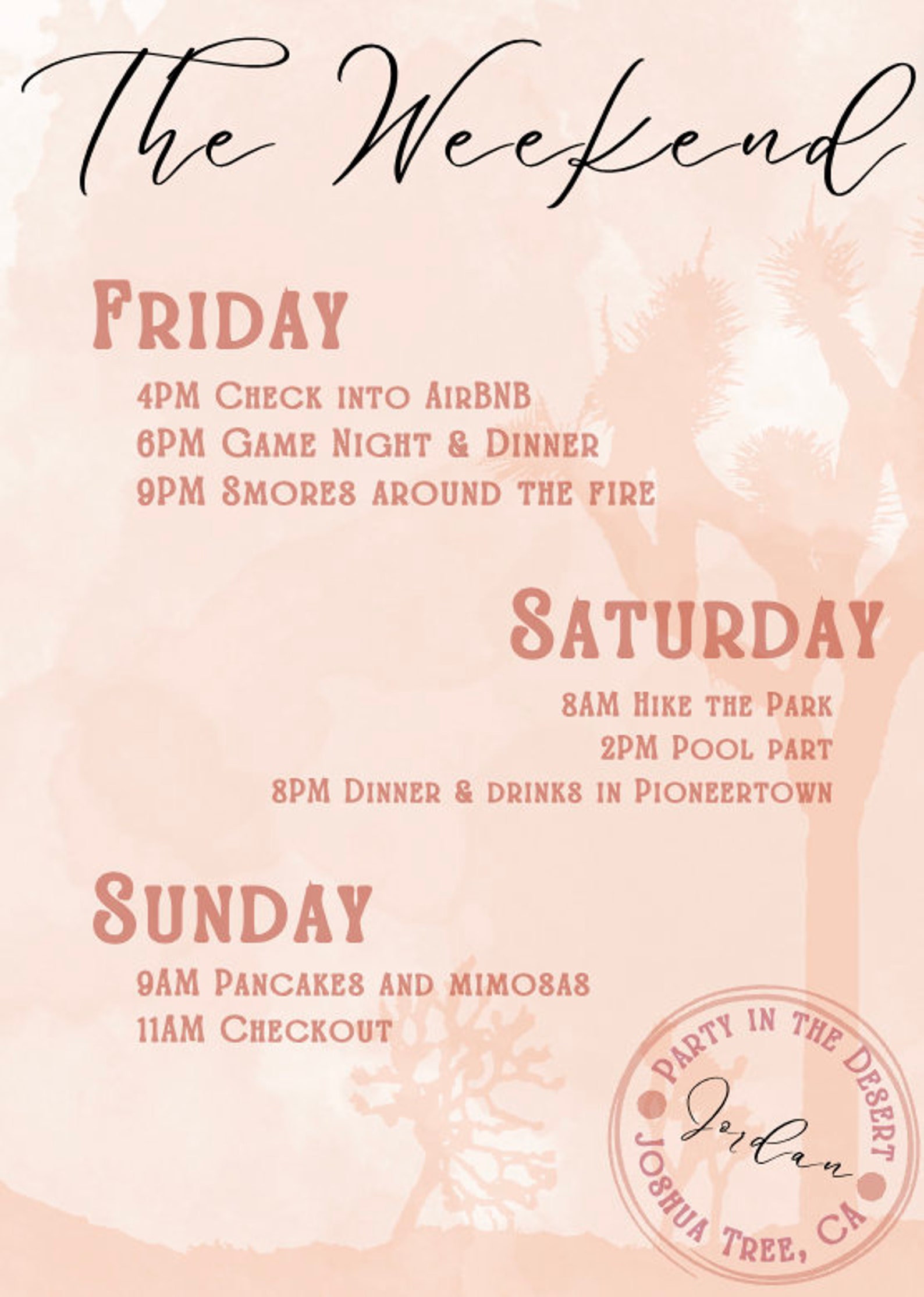 Joshua Tree Bachelorette Invite, Itinerary, and Packing List, Editable ...