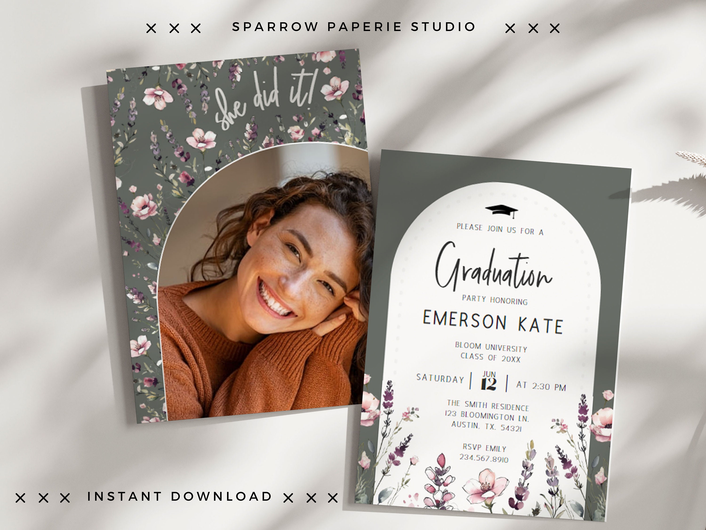 Wildflower Graduation Invitation Template With Arch Senior Announcement ...
