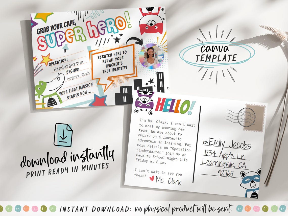 Meet the Teacher Postcard: Superhero Classroom Printable (canva ...
