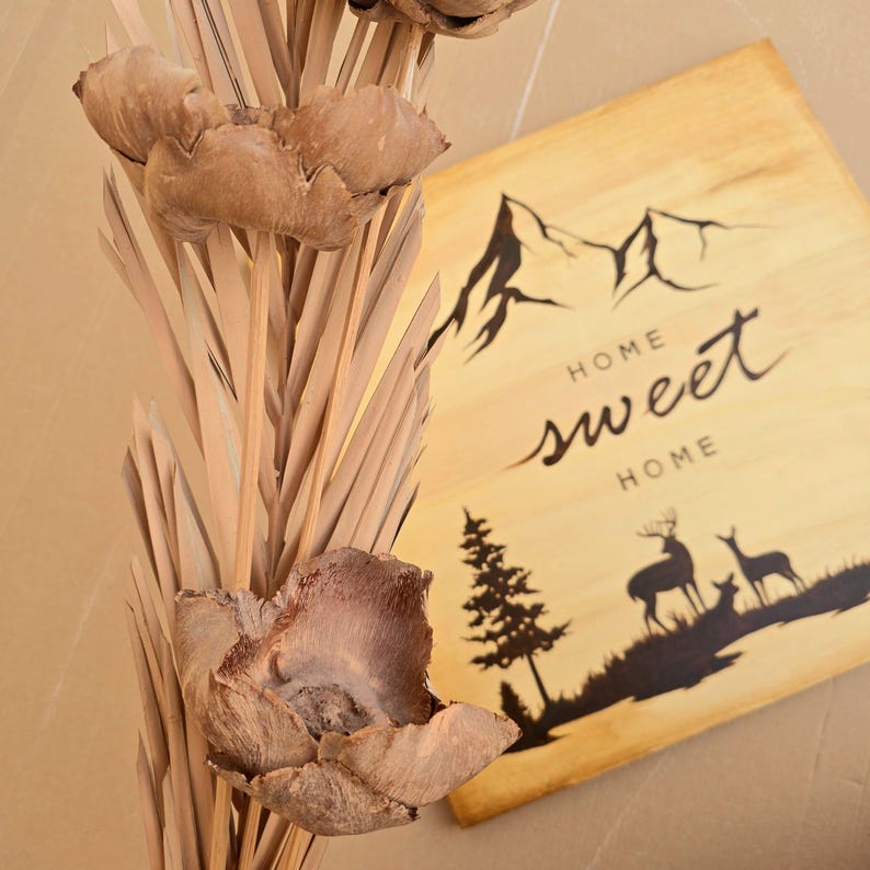 Quadro Legno Pirografato Cervo Home Sweet Home | Panorama Montagna ...