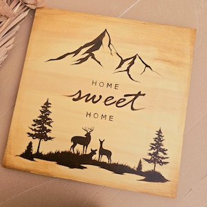Quadro Legno Pirografato Cervo Home Sweet Home | Panorama Montagna ...