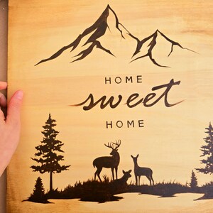 Quadro Legno Pirografato Cervo Home Sweet Home | Panorama Montagna ...