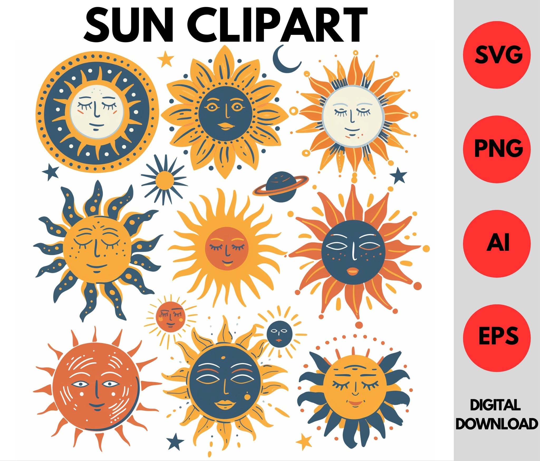 Sun SVG and Clipart, 9 Different Sun Designs, DIGITAL Silhouette of the ...
