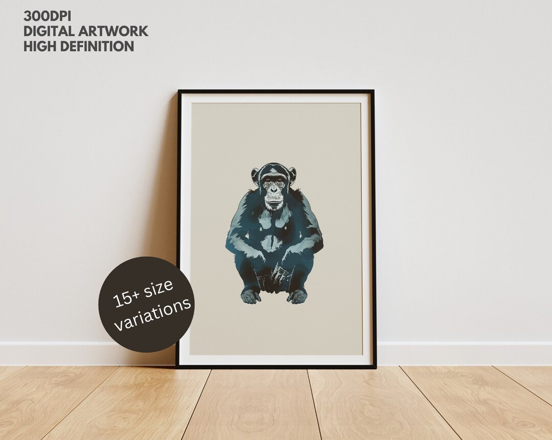 Curious Chimp Portrait, PRINTABLE Wall Art, Blue and Beige Chimp Image ...