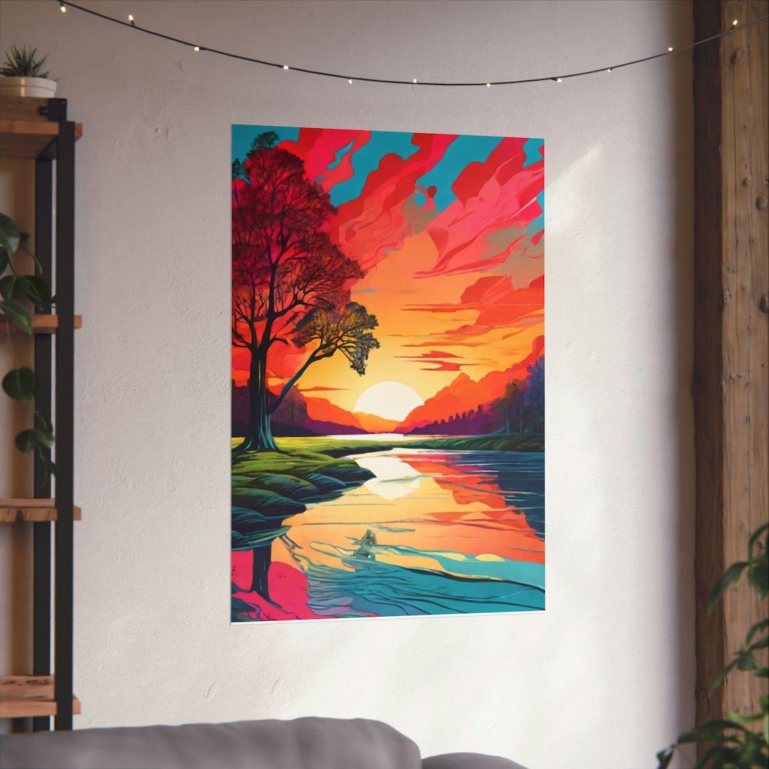 Sunset Poster Anime Wallart River Poster Sunset Illustration Home Decor ...
