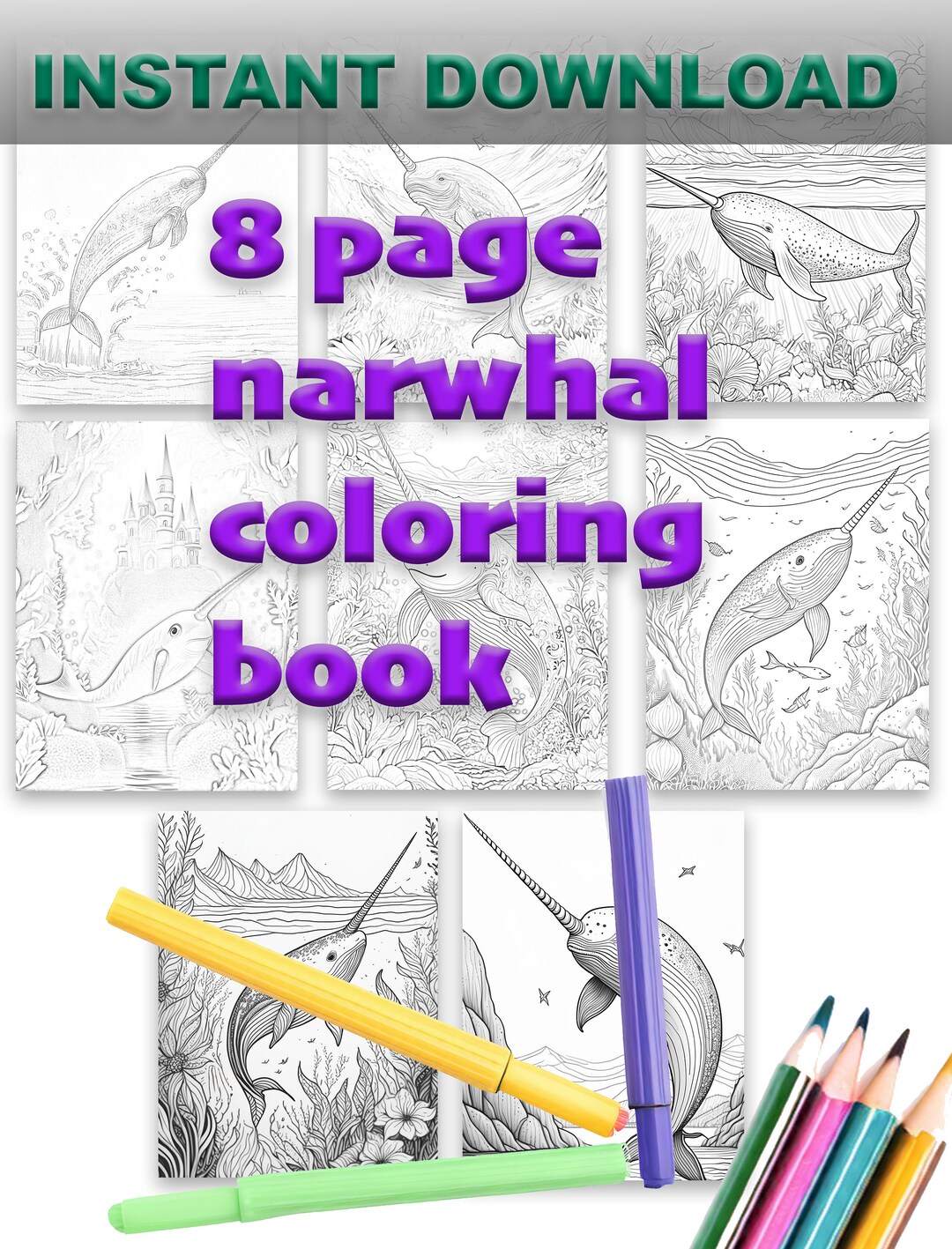 8 Narwhal Coloring Pages, Instant Download for Advanced Coloring, and ...