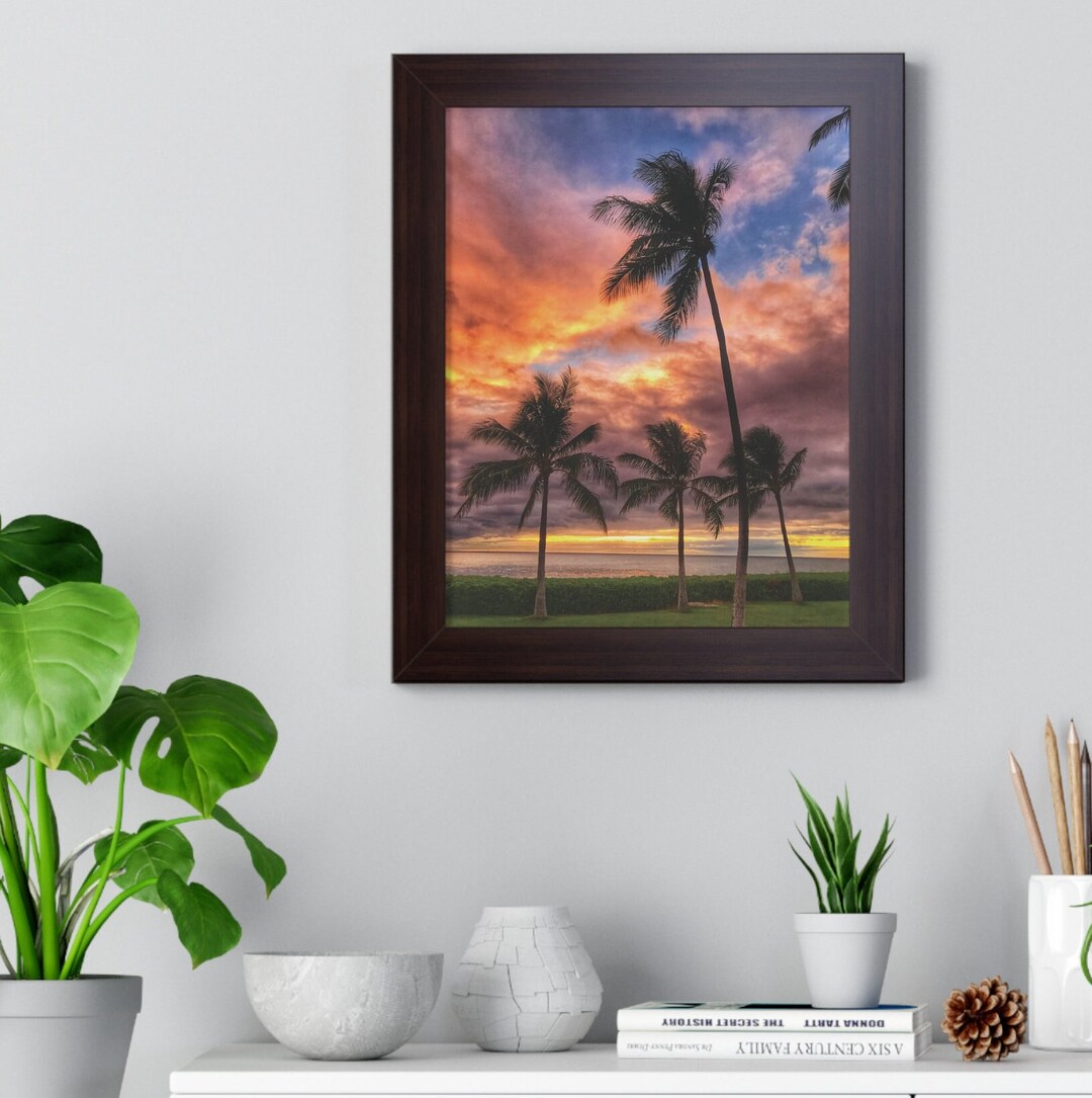 Sunset Palm Tree Framed Vertical Poster, Ocean Sunset Photography ...