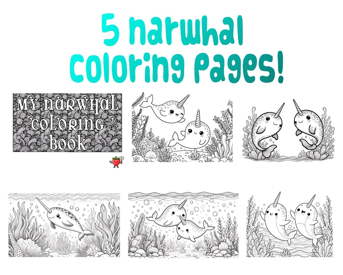 Printable Narwhal Coloring Pages, INSTANT DOWNLOAD 5 Pages of Narwhal ...