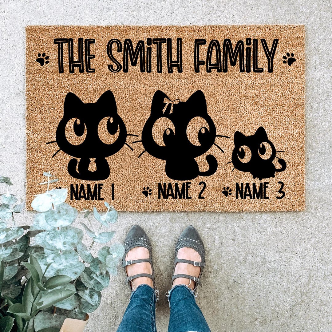 Personalized Black Cat Family Doormat, Custom Cat Doormat With Names ...