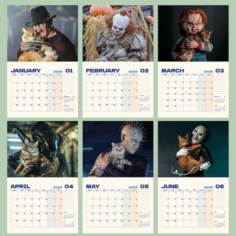 Horror Movie Cats 2026 Wall Calendar - Etsy UK