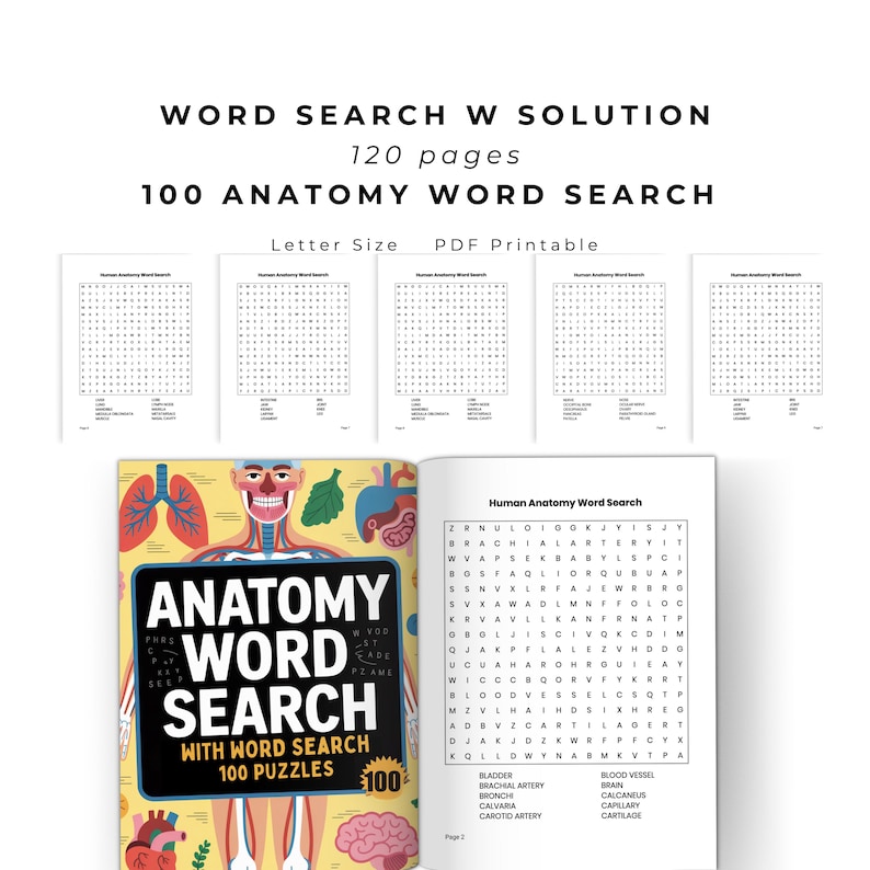 100 Anatomy Word Search Puzzles With Solution, Activity Worksheet Organ ...