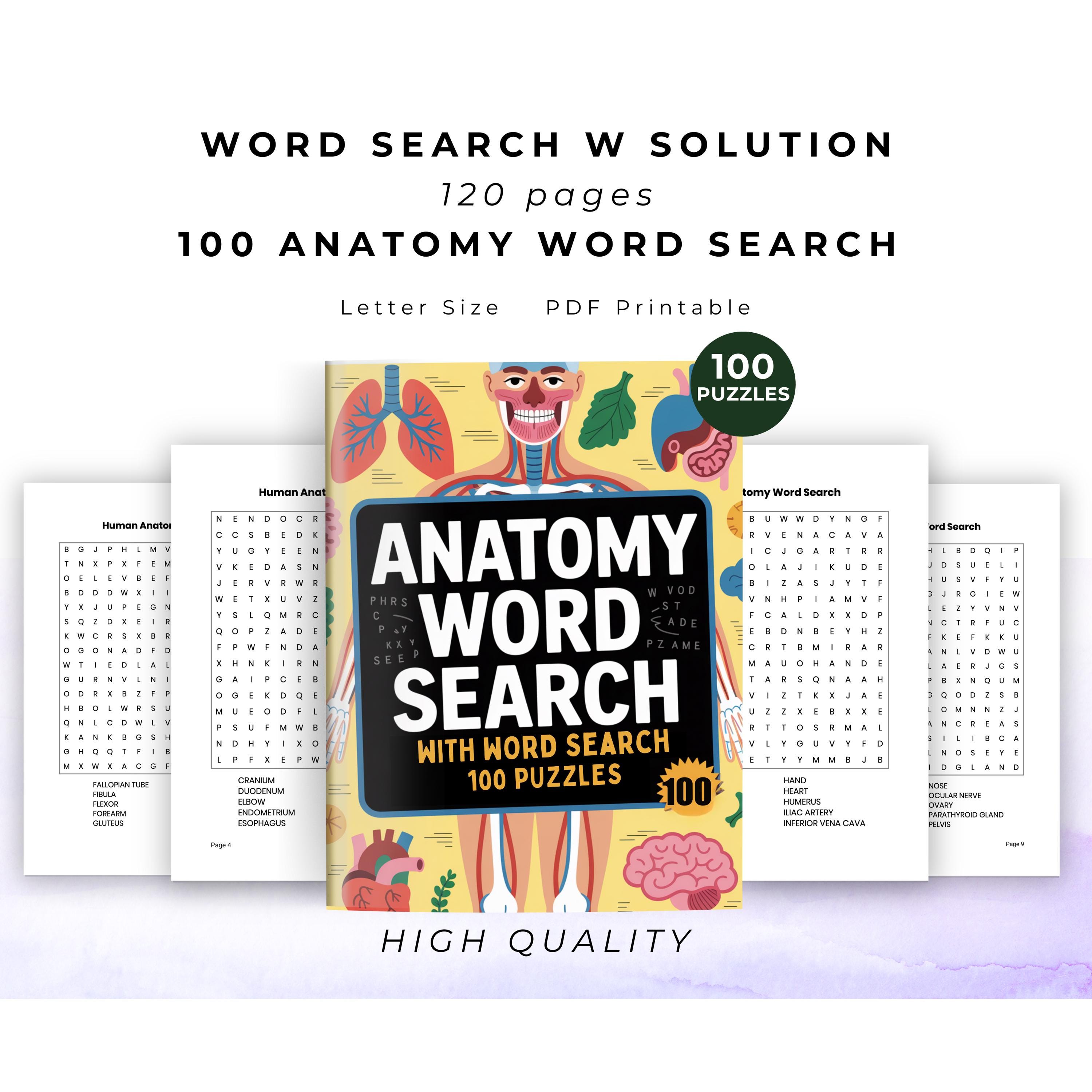 100 Anatomy Word Search Puzzles With Solution, Activity Worksheet Organ ...