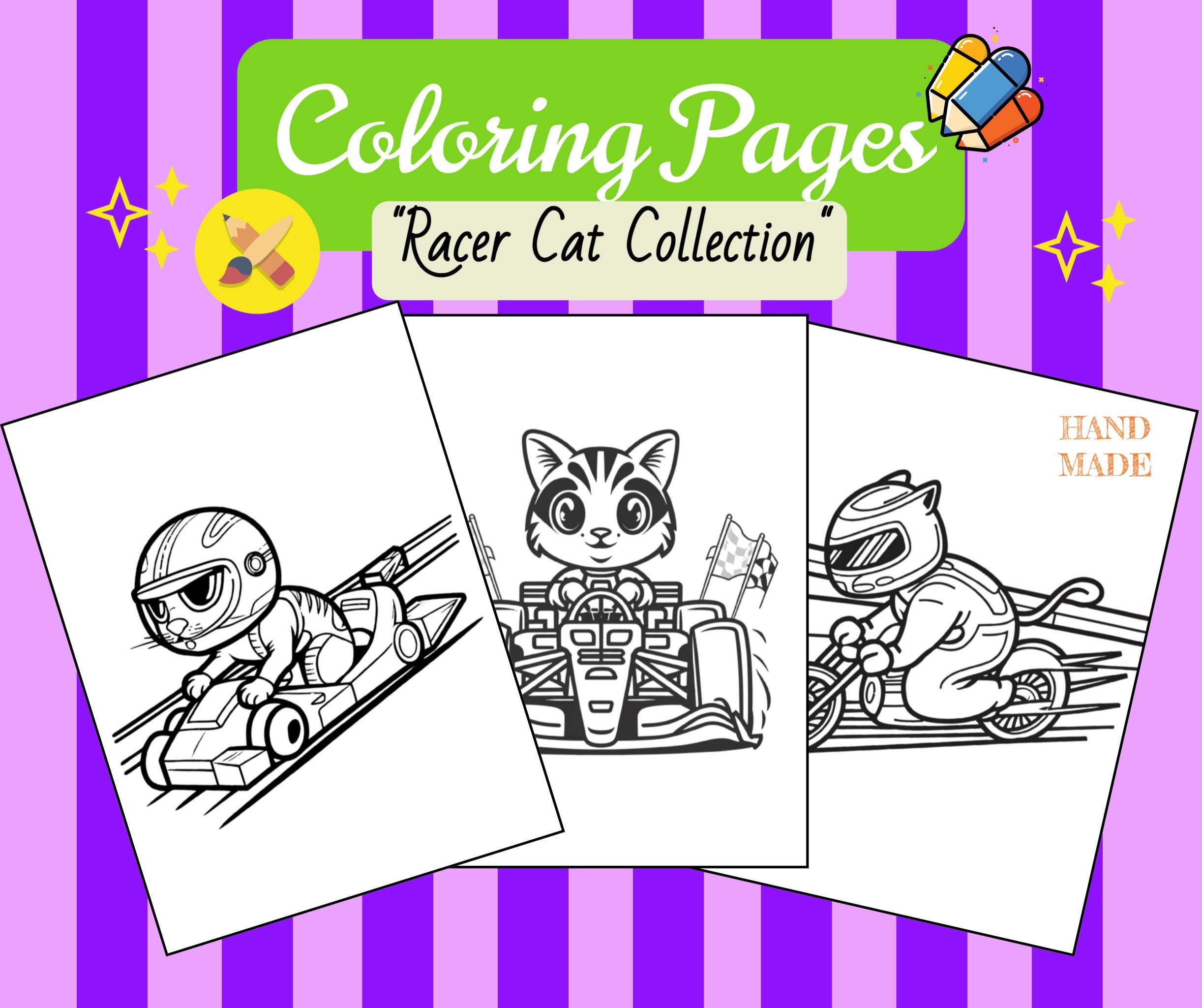 10 Coloring Pages Racer Cat Collection Full HD Picture - Etsy