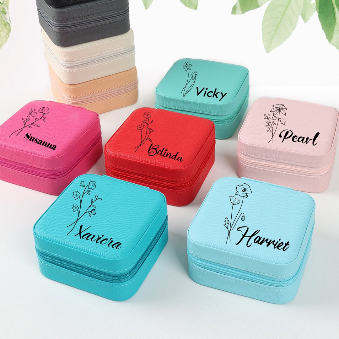 Engraved Leather Jewelry Box, Birth Flower Travel Jewelry Case, Jewelry ...