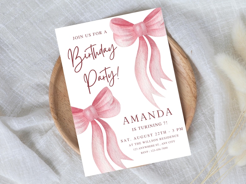 Pink Bow Birthday Invitation Template Pink Coquette Bow Invitation ...