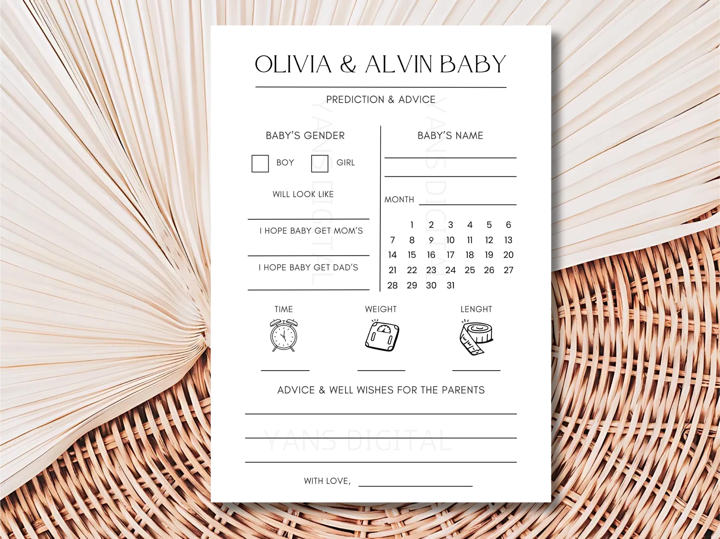 Printable Baby Shower Predictions and Advice Card Template Minimalist ...