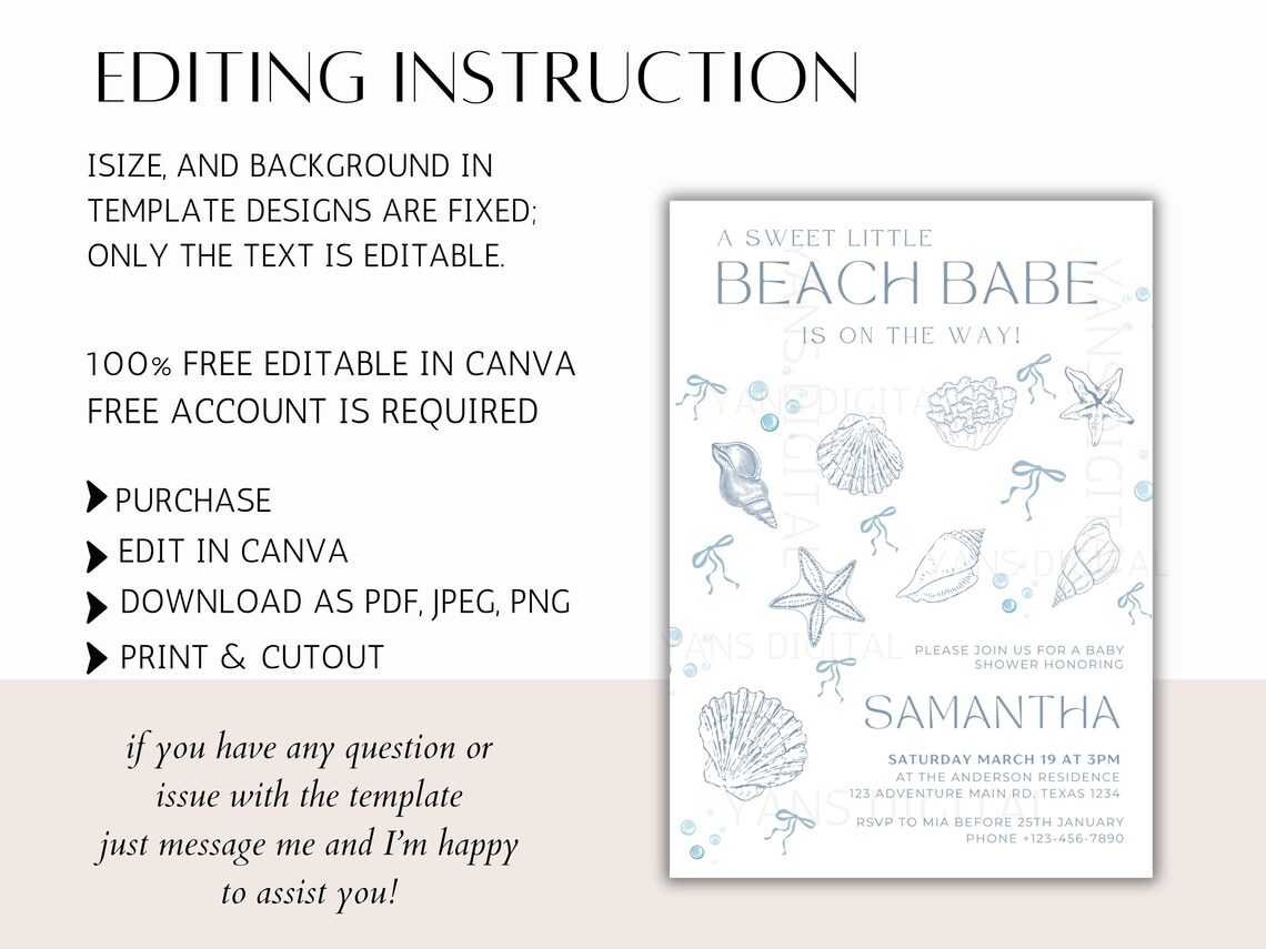 Beach Baby Shower Invitation: Seashells, Blue (editable Digital ...