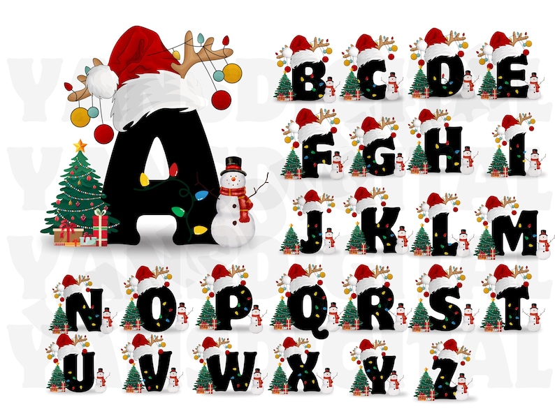 Christmas Alphabet PNG Bundle Personalized Letter Doodles Christmas ...