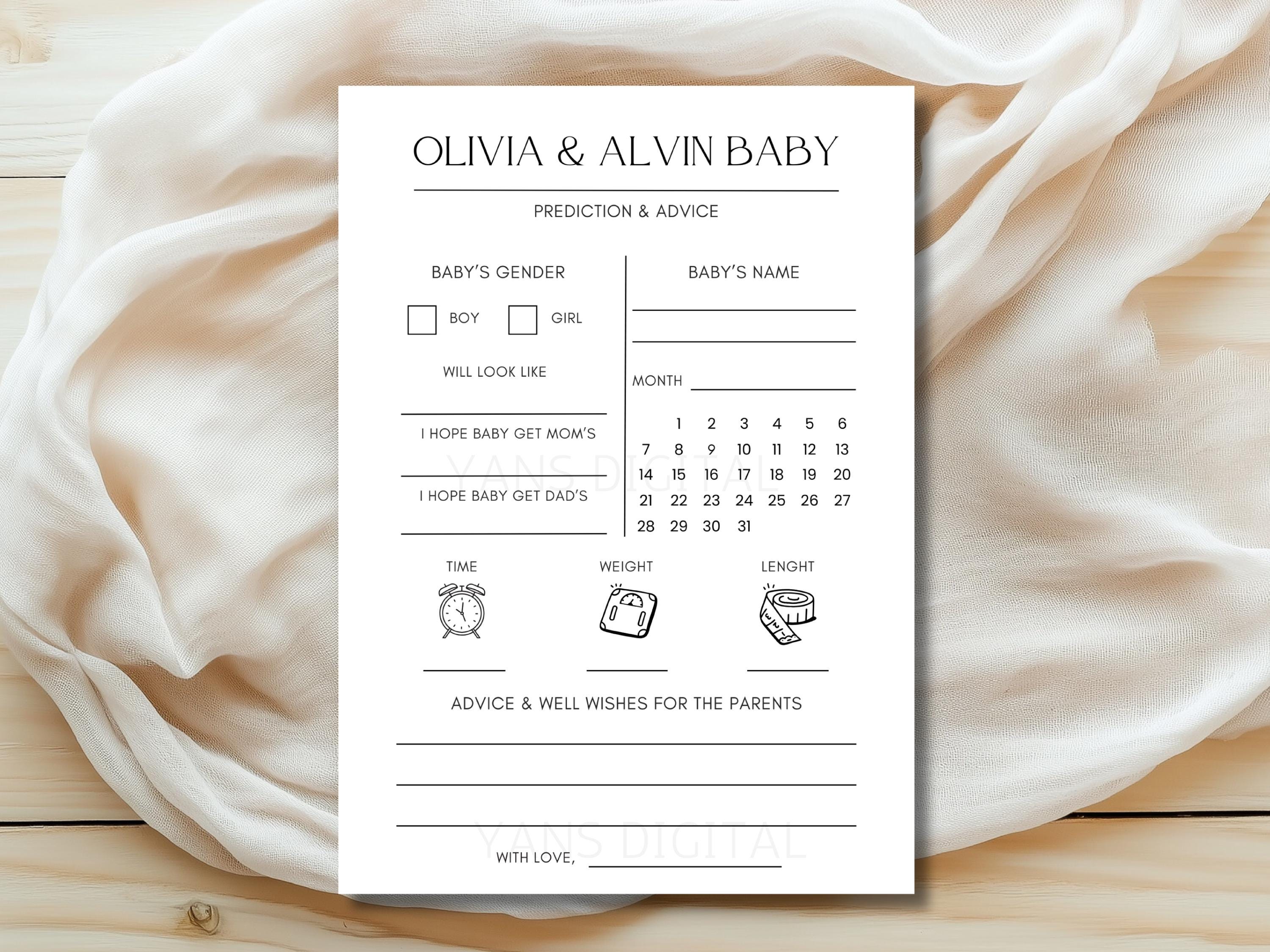 Printable Baby Shower Predictions and Advice Card Template Minimalist ...