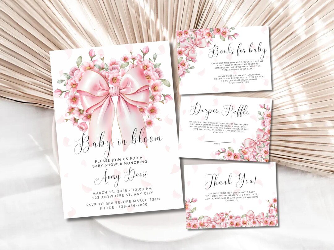 Pink Baby in Bloom Invitation Bundle Pink Bow Baby Shower Invite Spring ...