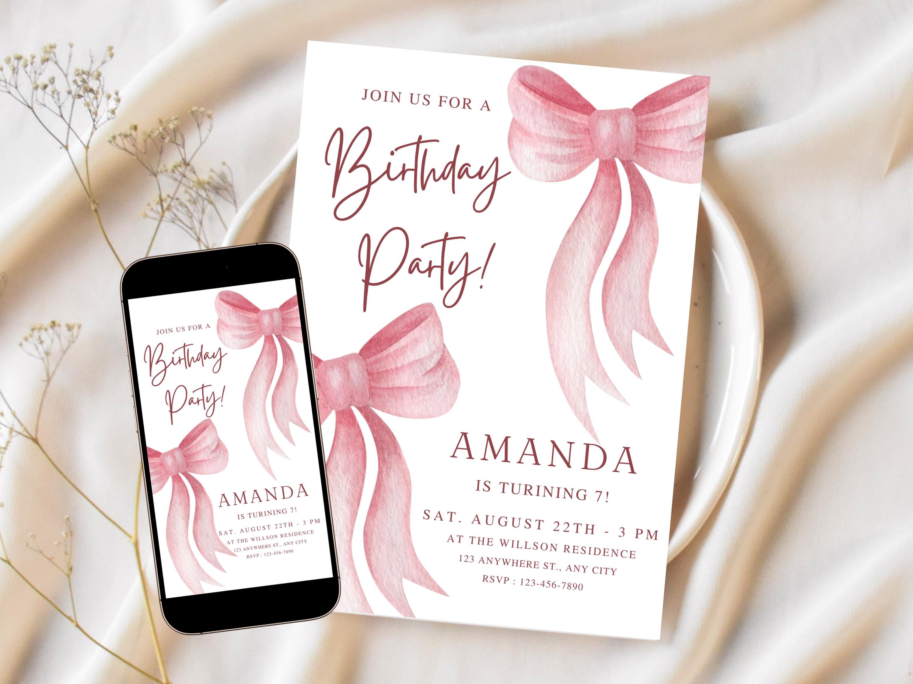 Pink Bow Birthday Invitation Template Pink Coquette Bow Invitation ...