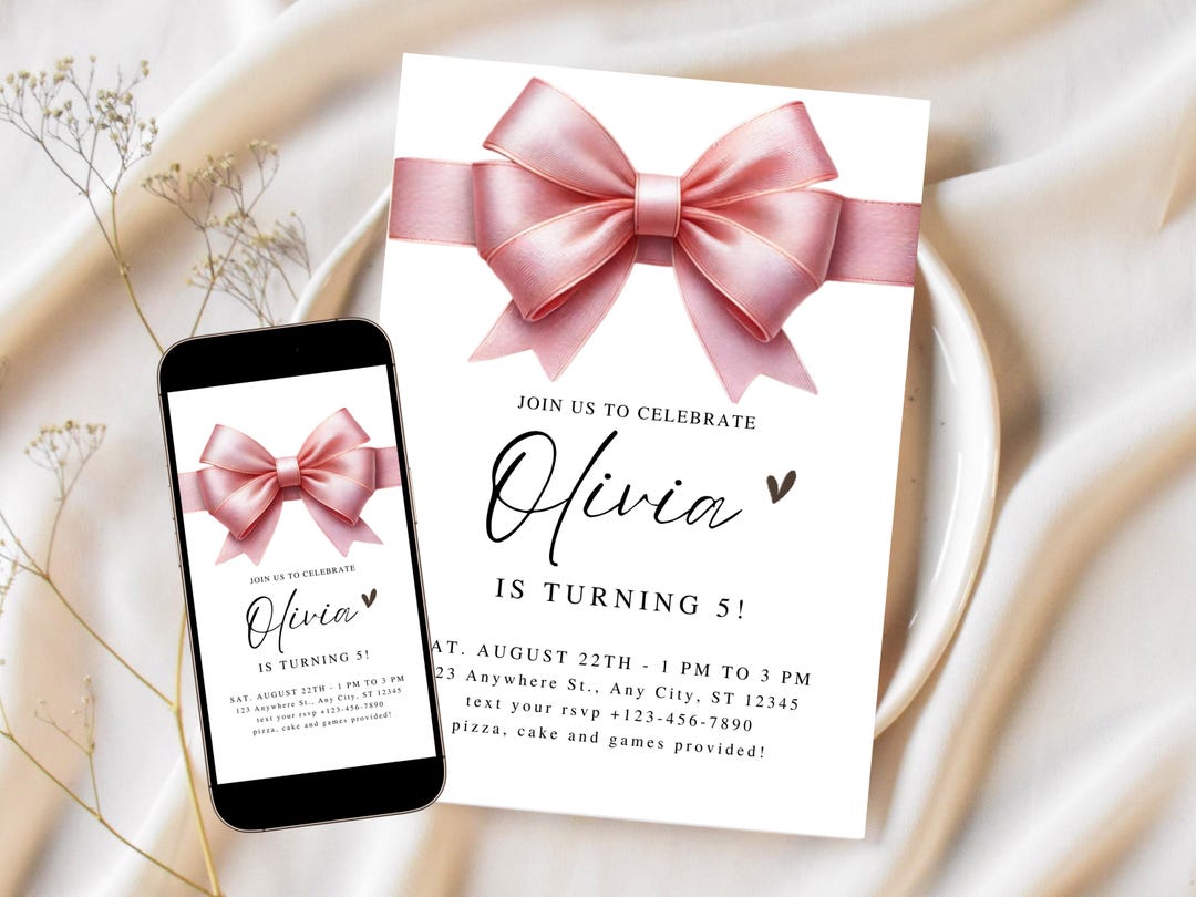 Editable Pink Bow Birthday Invitation Template Pink Bow Birthday ...