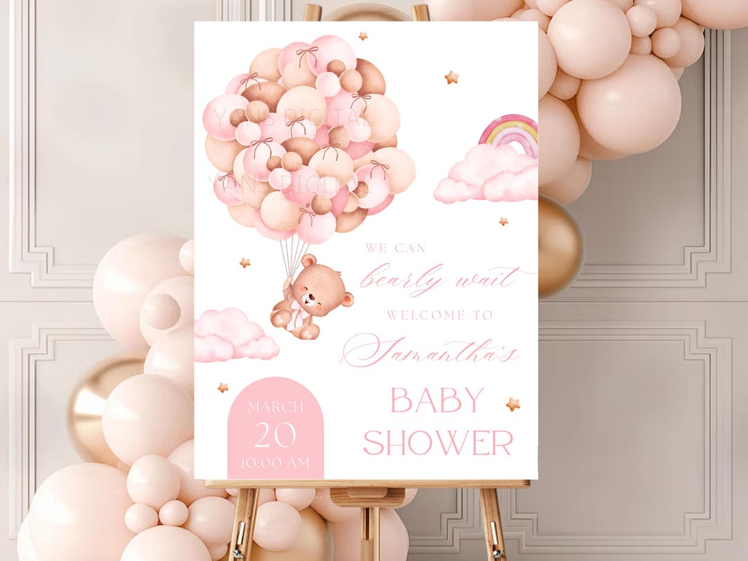 Editable Bear Baby Shower Welcome Sign Girl Baby Shower Pink Balloon ...
