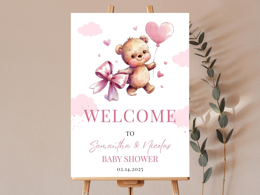 Teddy Bear Welcome Sign Baby Shower Editable Baby Shower Welcome Poster ...
