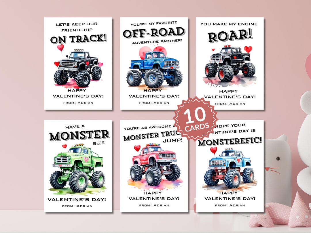 EDITABLE Monster Truck Valentine Cards Kids Valentine Cards Printable ...