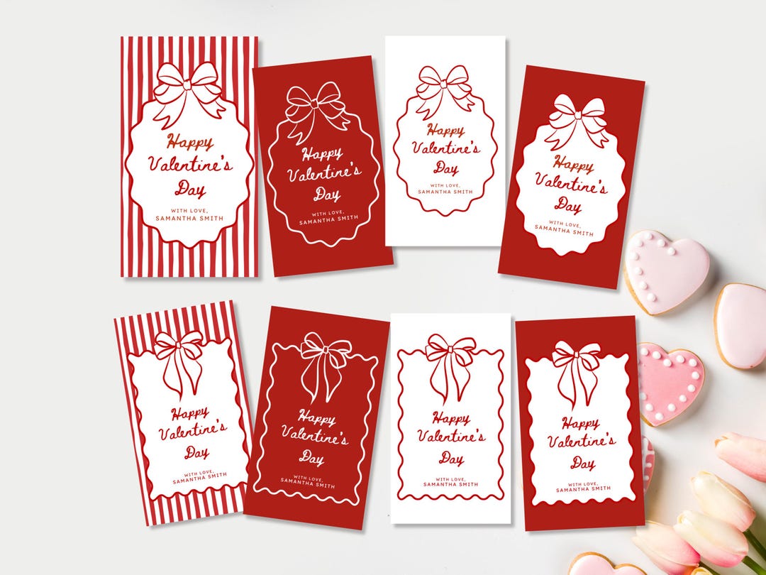 Red Bow Valentine Gift Tag Set of 8 Editable Happy Valentine’s Day ...