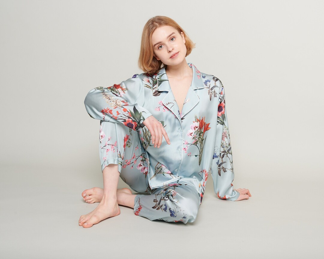 Elegant Botanical Satin Pajama Set Luxurious Floral Loungewear and ...