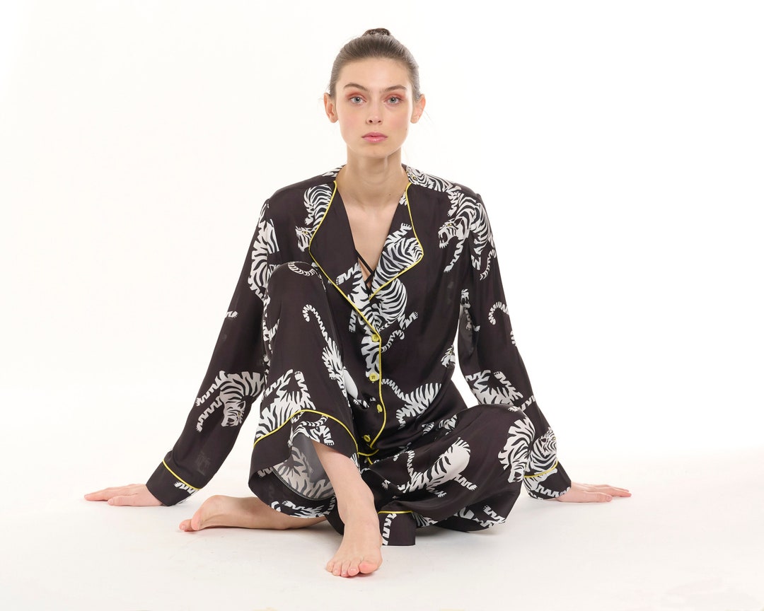 Exotic Tiger Print Satin Pajama Set Bold Black and White Botanical Two ...