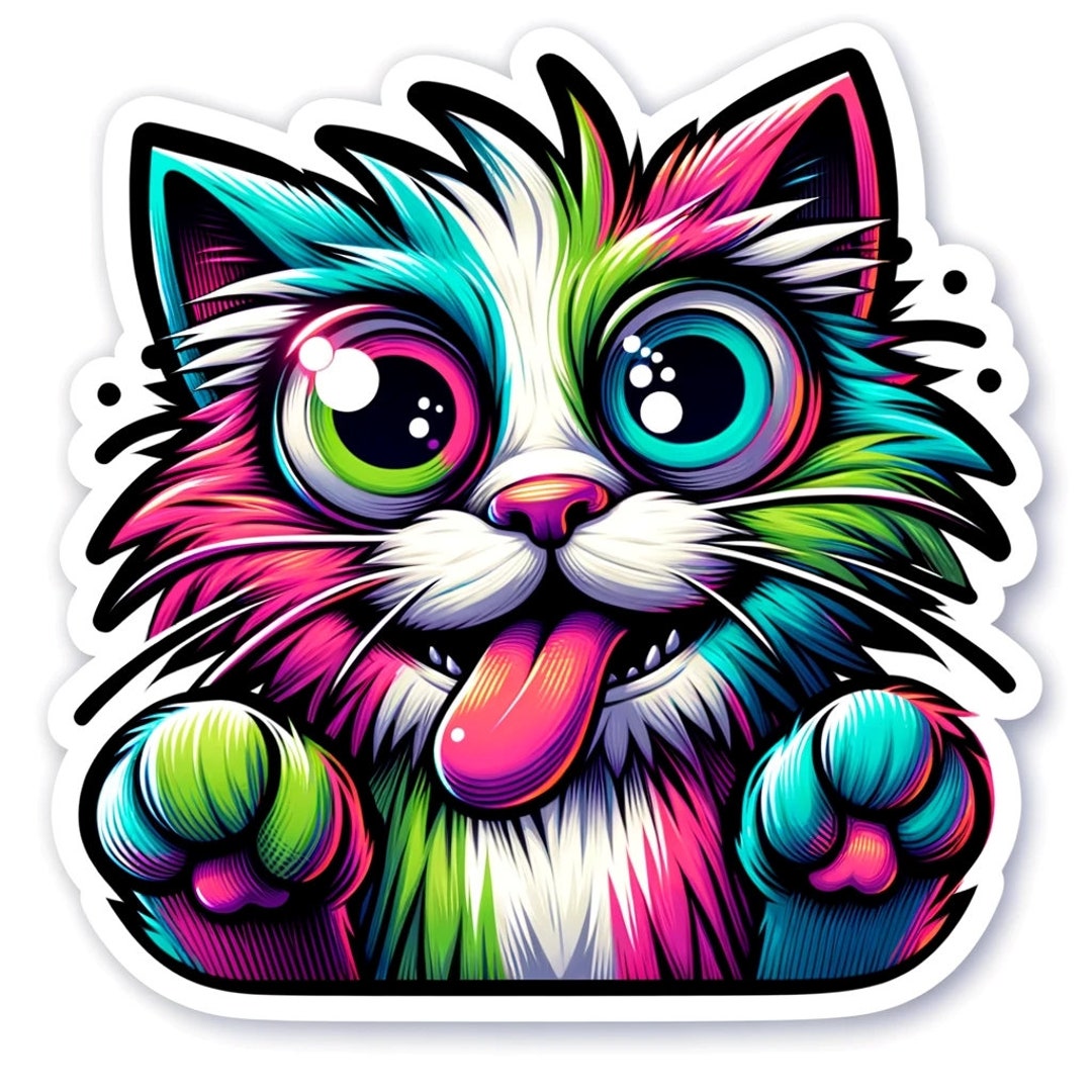 Fun Colorful Crazy Cat Vinyl Sticker for Laptop, Water Bottle ...