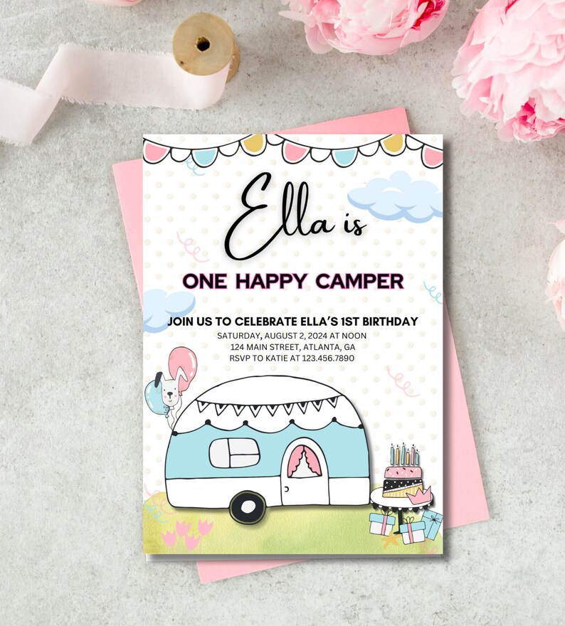 One Happy Camper Birthday Invitation, Baby's First Birthday, Boy, Girl Invitation, Template ...