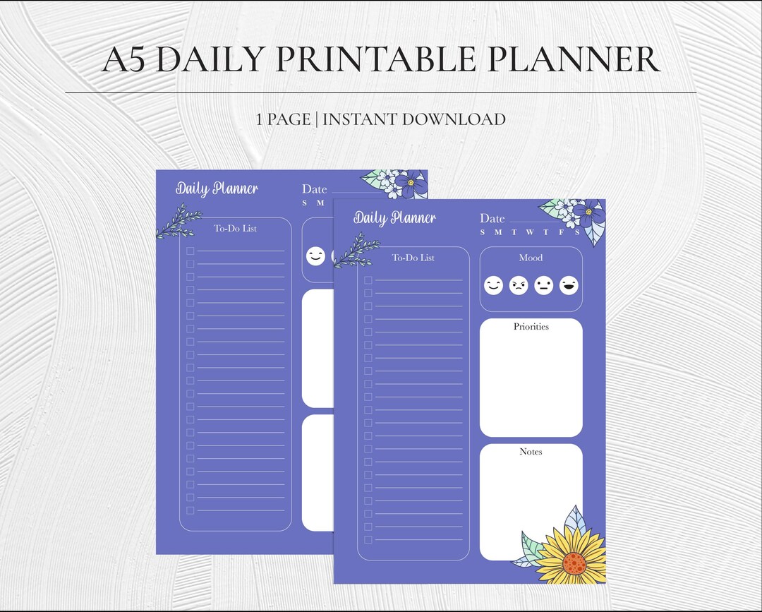 Cute Daily Planner PDF – A5 Printable Page – Undated, Colorful Agenda ...