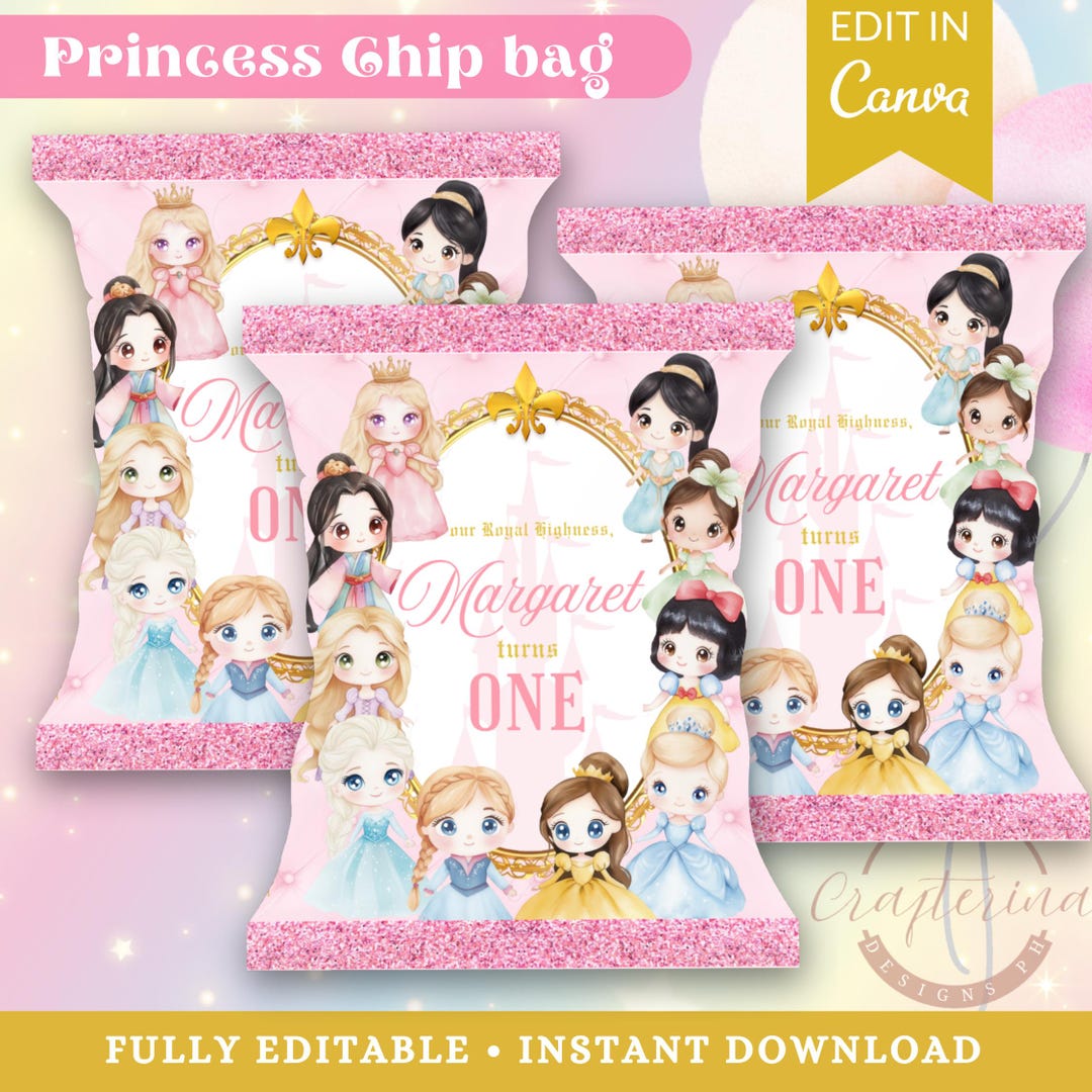 Princess Chip Bag, Princess Party Favors, Pink Purple Blue Green Yellow ...