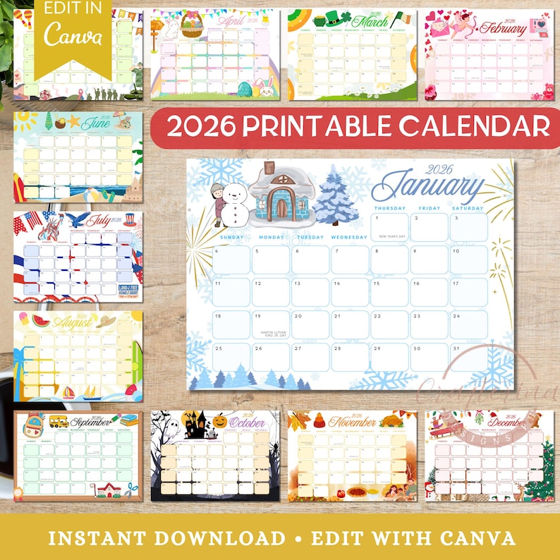 2026 Editable Printable Calendar, Monthly Theme, Holiday Observances - Etsy