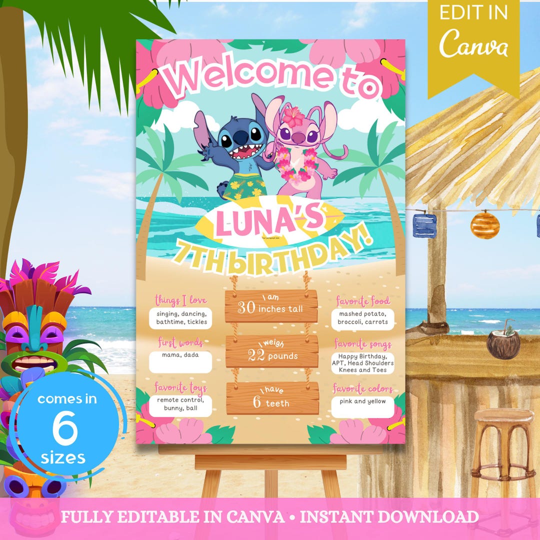 Stitch Angel Welcome Sign: Hawaiian Birthday Party Decor (digital ...