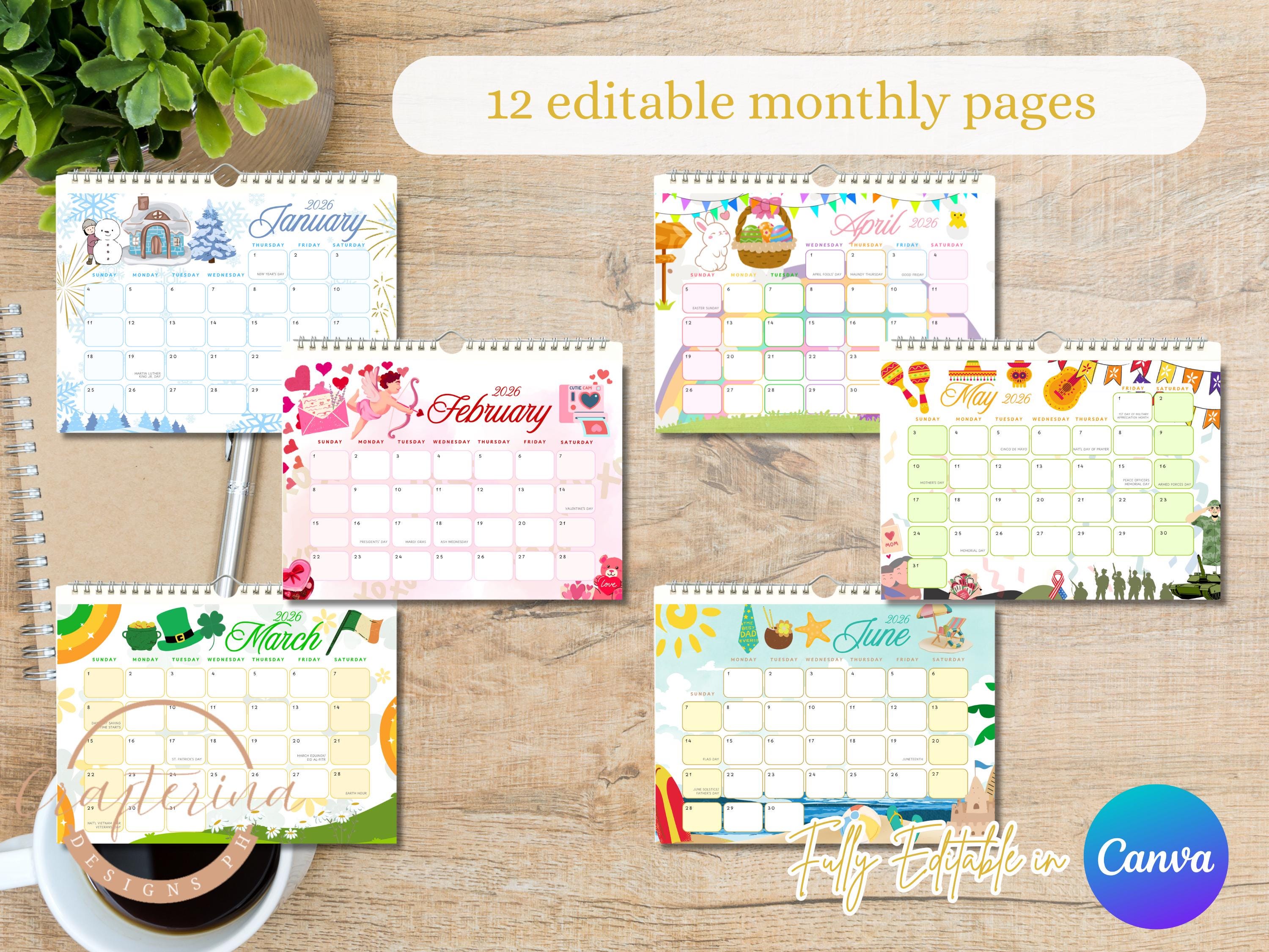 2026 Editable Printable Calendar, Monthly Theme, Holiday Observances - Etsy