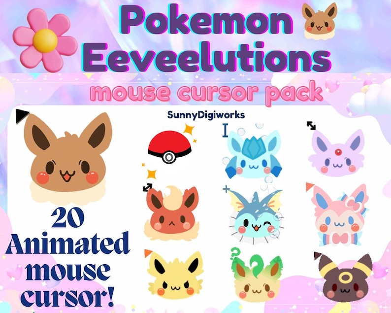 20 Animated Pokemon Eevee & Eeveelutions Mouse Cursor Pack Custom Cute ...