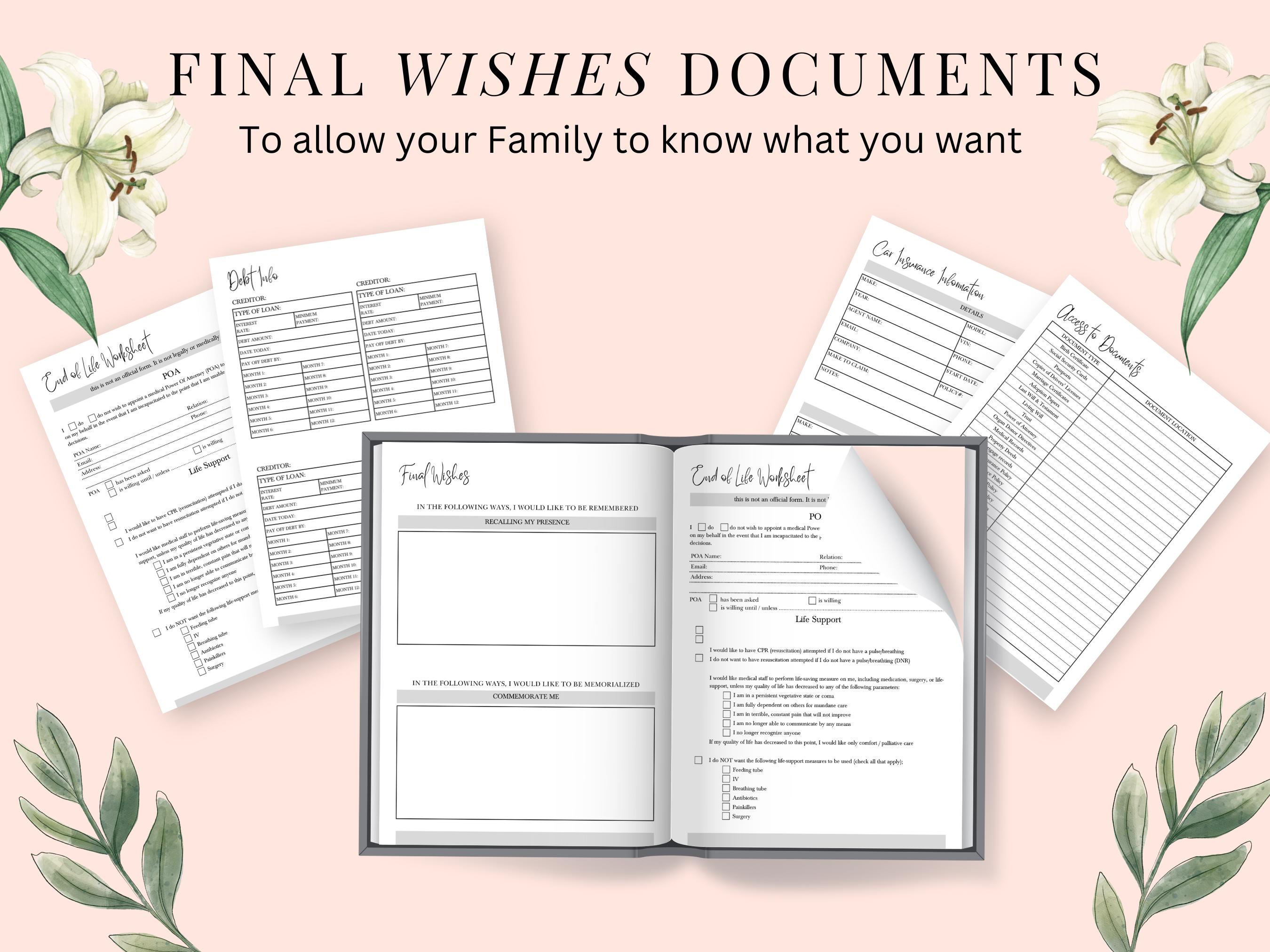 End of Life Planner Printable Final Wishes Template Just in Case Binder ...