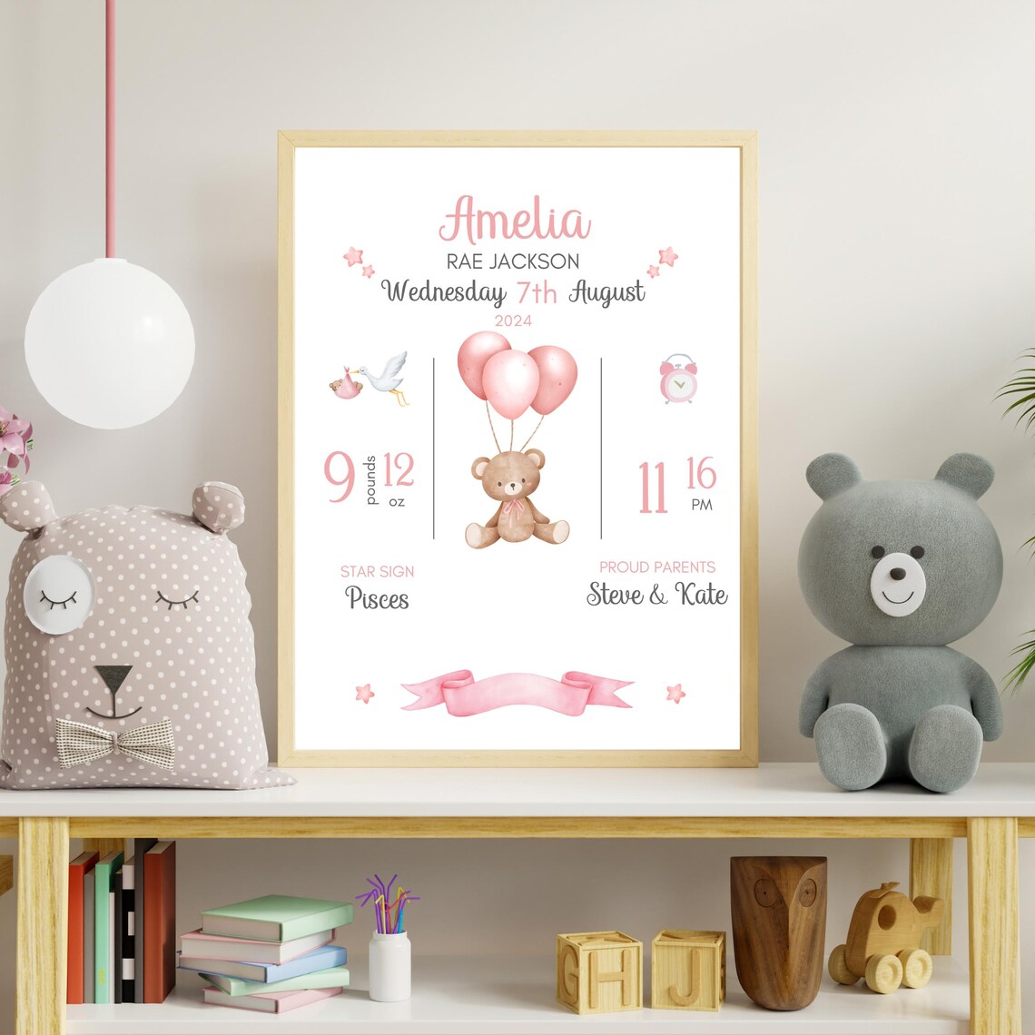 New Baby Announcement Digital Birth Sign New Arrival Baby Girl Nursery ...
