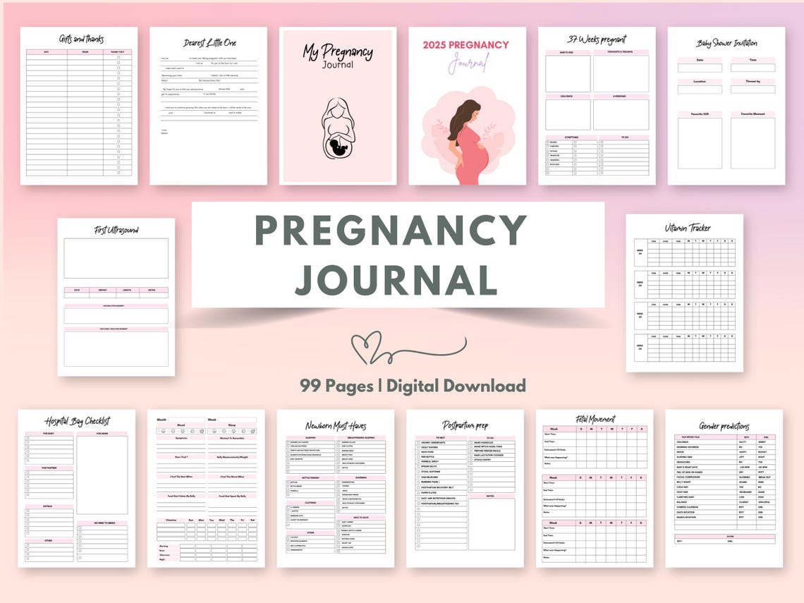 Pregnancy Journal Diary Hospital Bag Checklist Weekly Prenatal Vitamins ...